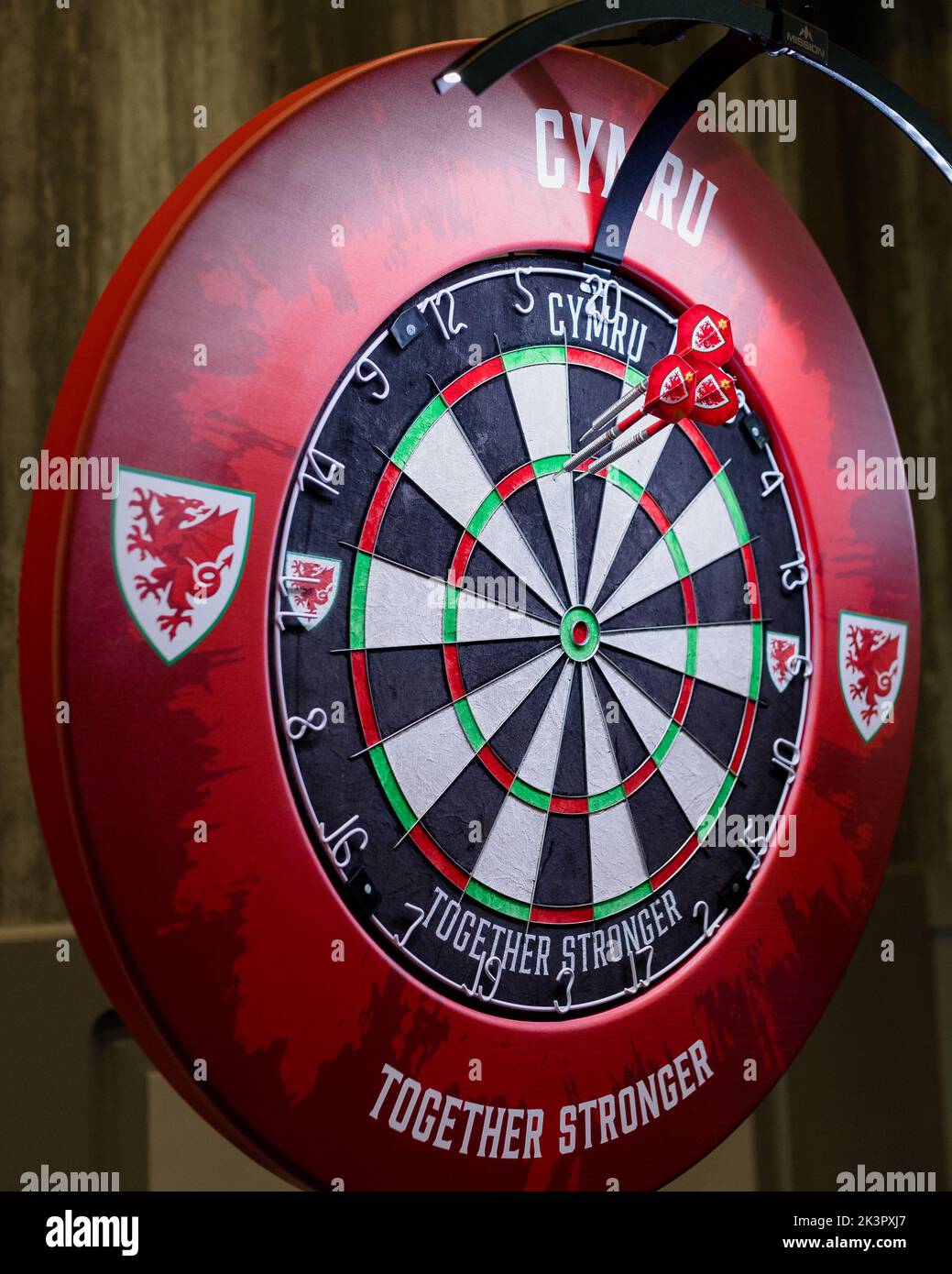 PONTYCLUN, WALES - 19 SEPTEMBER 2022: Wales dart board and darts for ...