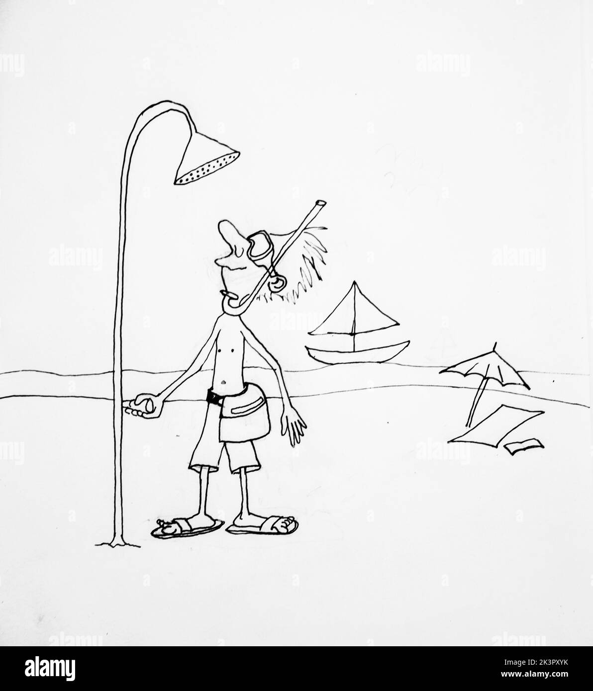 Drawing / sketch of man using beach shower Stock Photo - Alamy