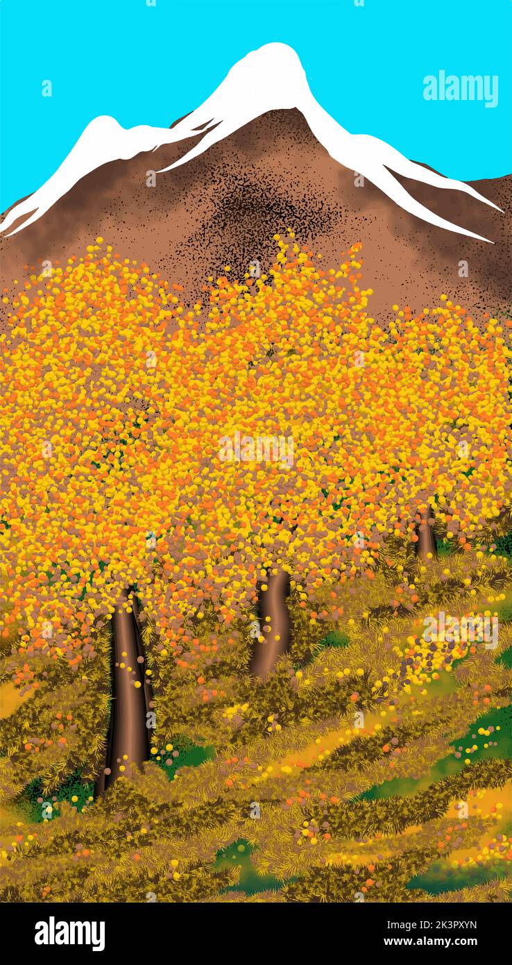 Abstract mountain range design. Hill views with autumn trees. Snow on ...