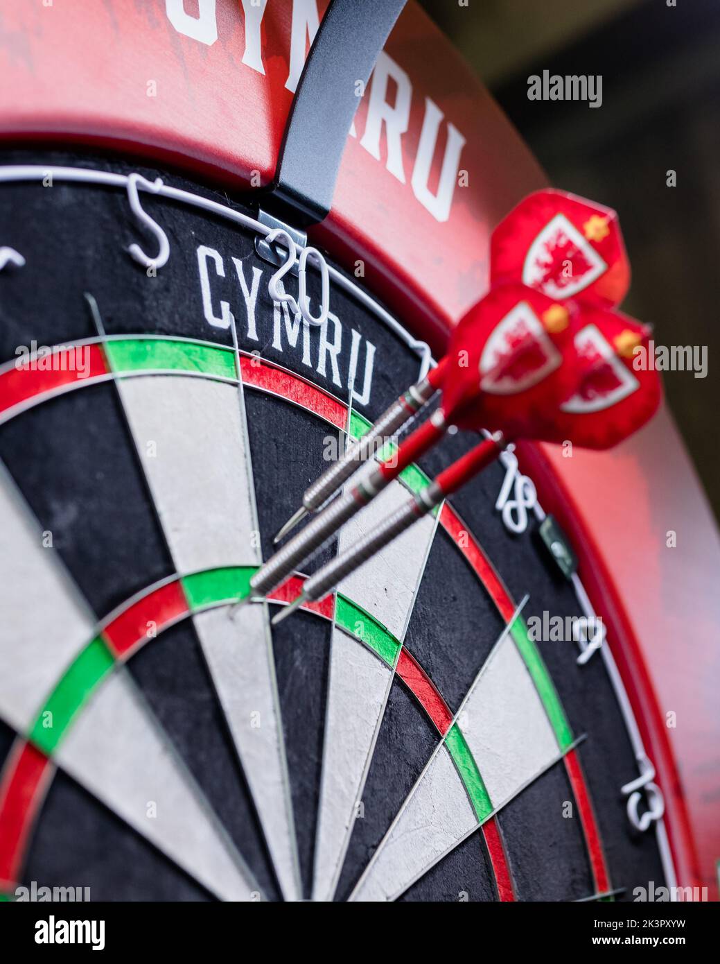 PONTYCLUN, WALES - 19 SEPTEMBER 2022: Wales dart board and darts for ...
