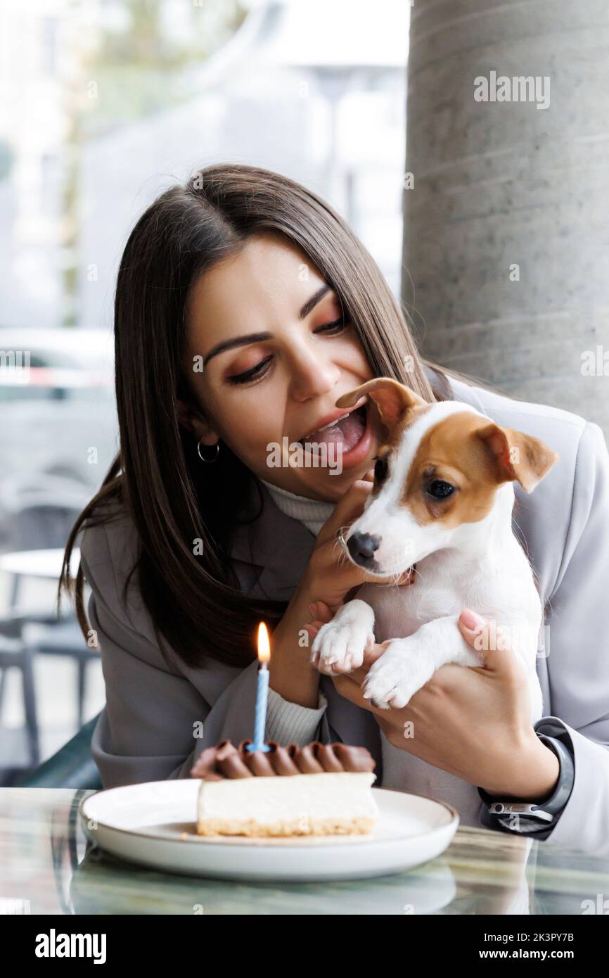 Caucasian woman and jack russell terrier look at the cake with a candle ...