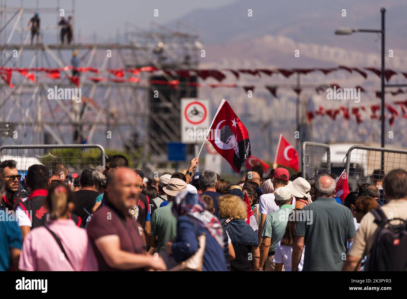 Izmir, Turkey - September 9, 2022: Crowded people with Turkish flags in ...