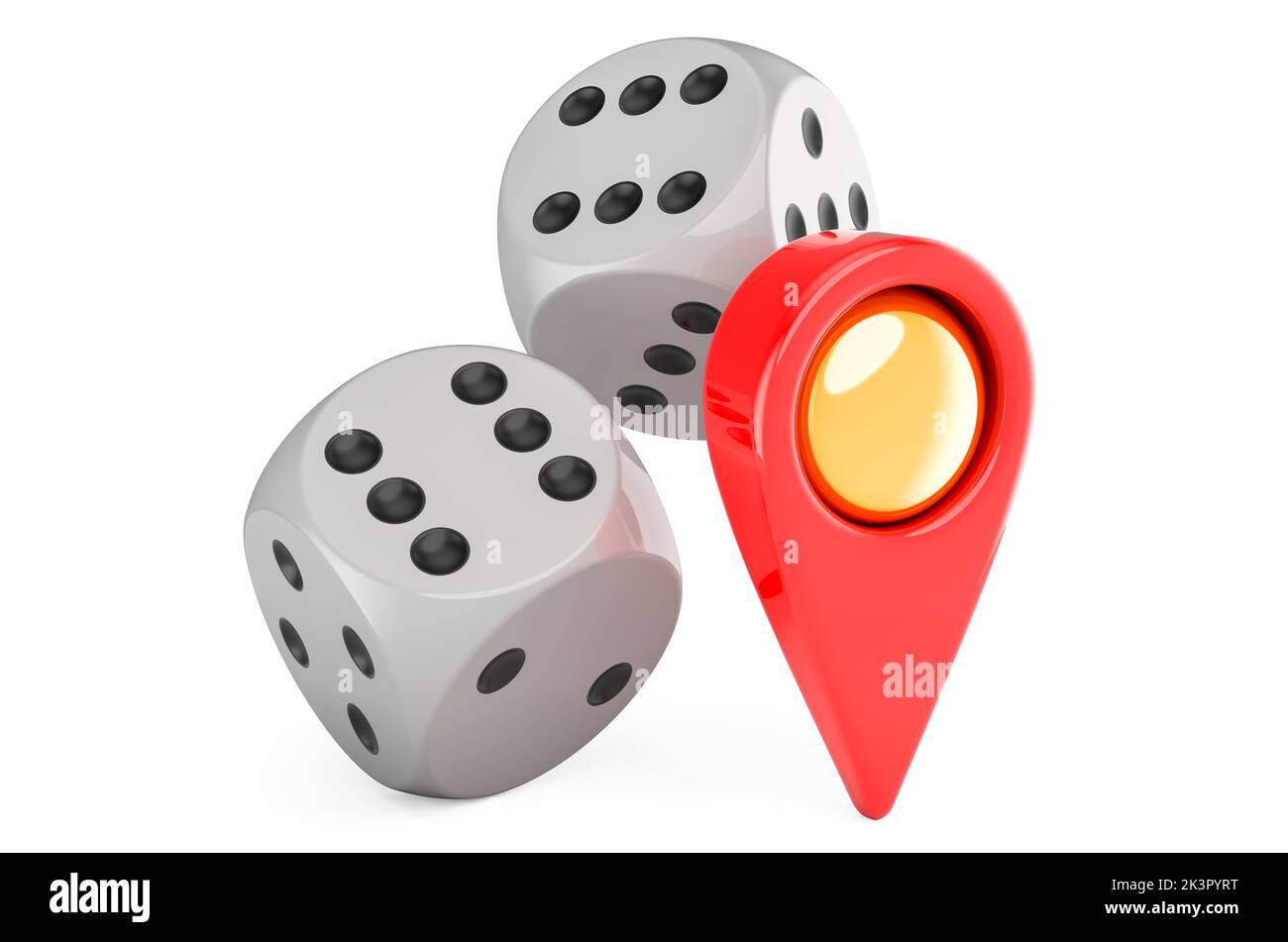 Dice with map pointer. 3D rendering isolated on white background Stock ...