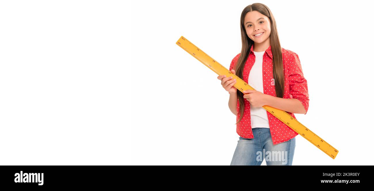happy teen girl hold ruler study math at school isolated on white ...