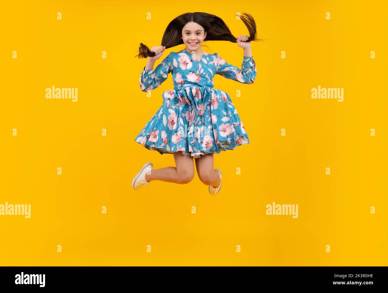 Full size length of young brunette girl teen student jump run go move ...