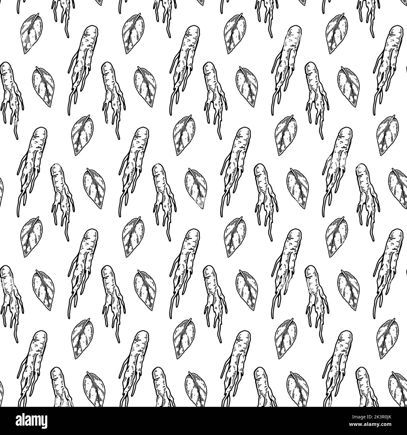 Hand drawn roots and leaves seamless pattern. Vector illustration in ...