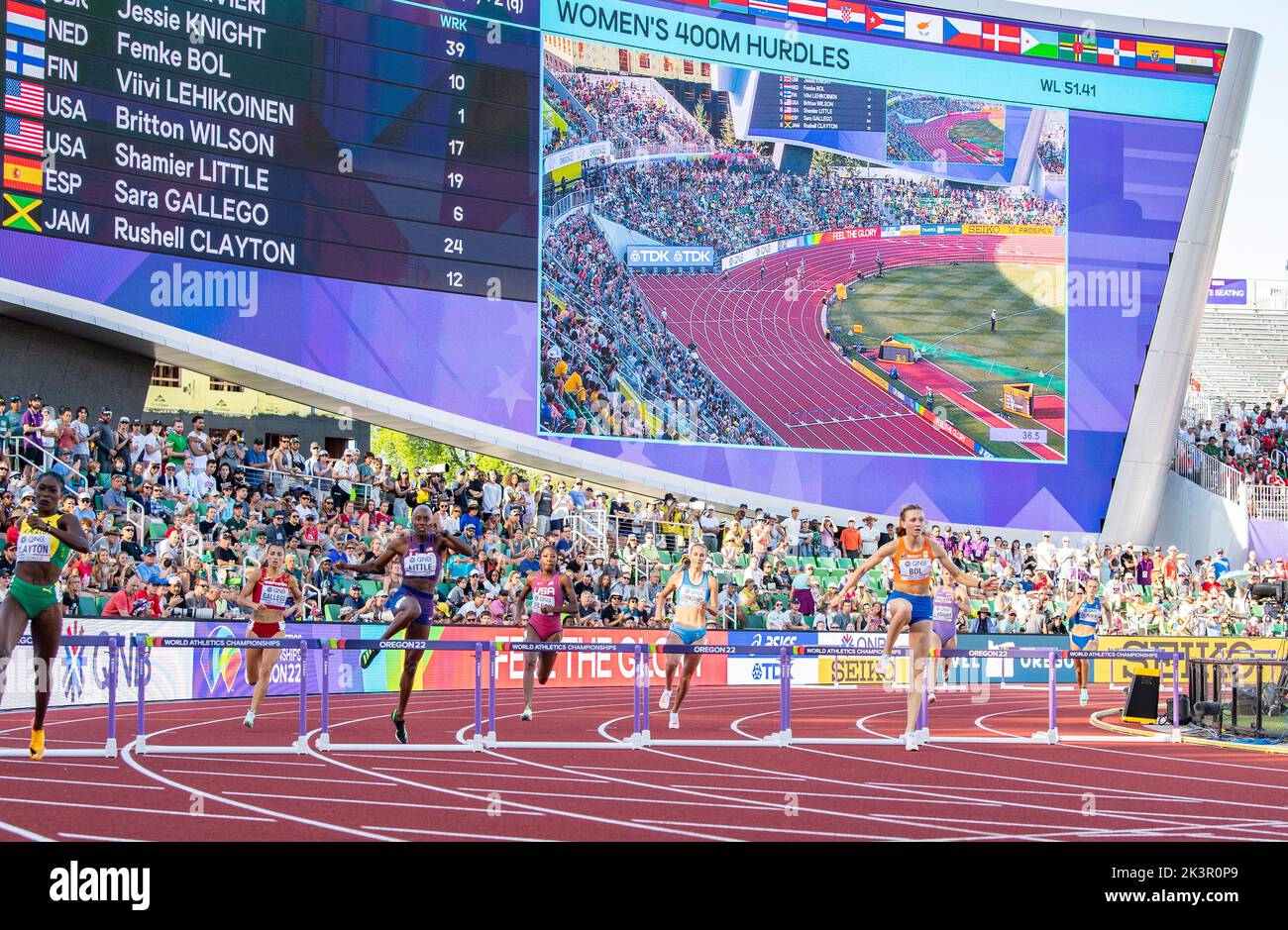 Femke Bol of the Netherlands competing in women’s 400m hurdles at the ...