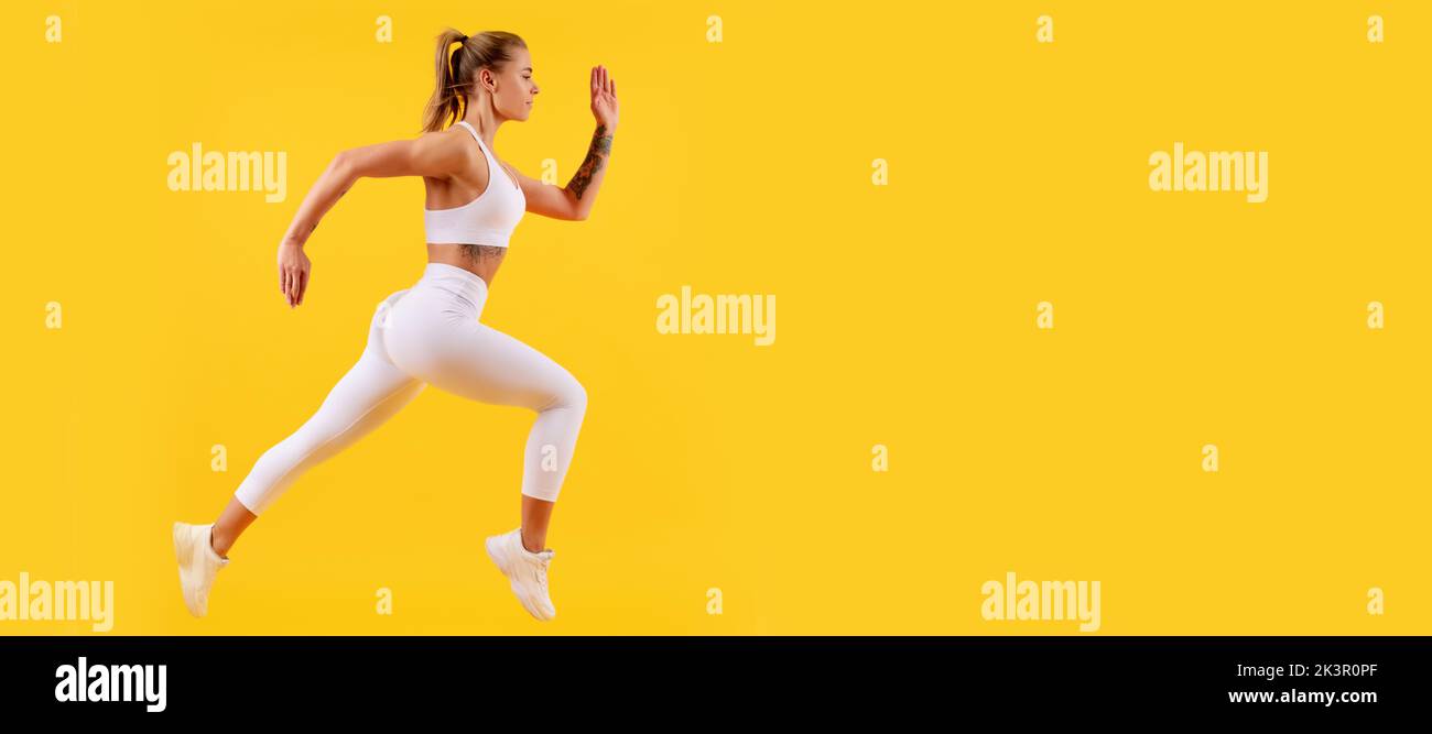 Woman jumping running banner with mock up copyspace. young and free ...