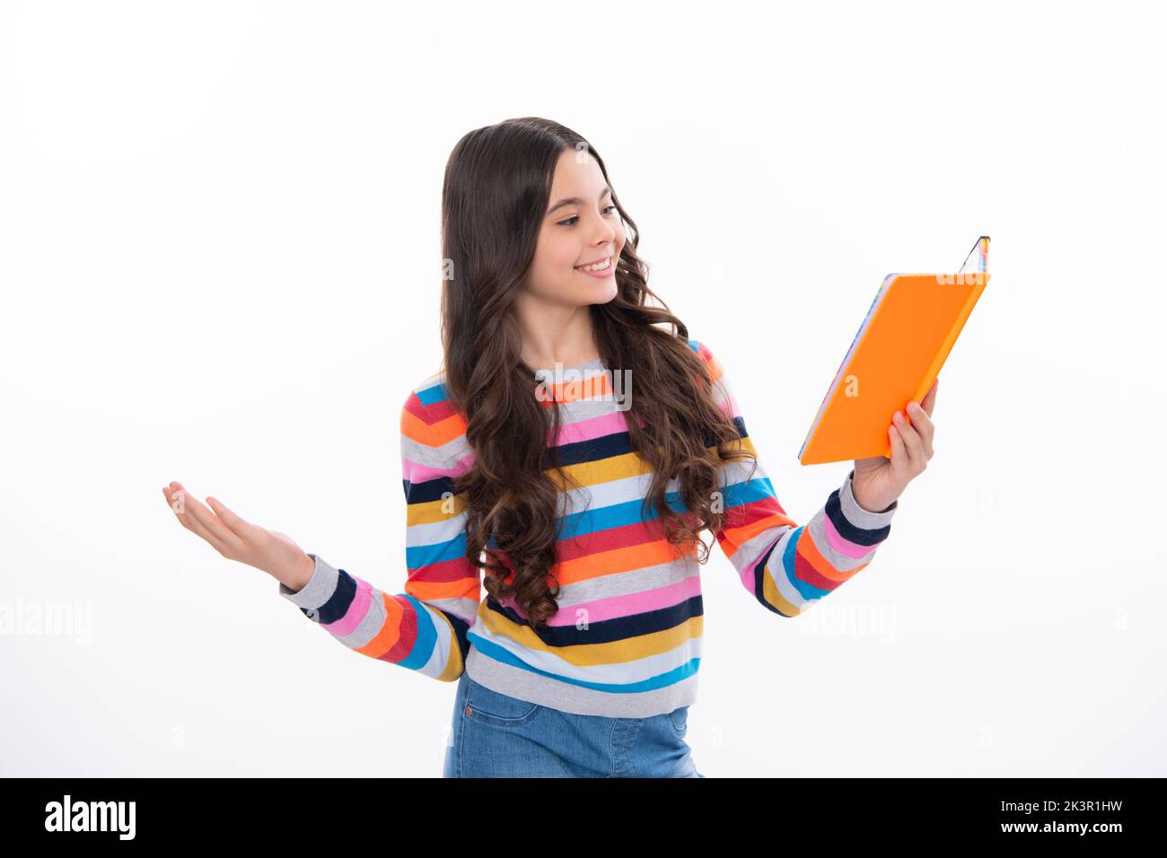 School child with book. Learning and education. Happy schoolgirl face ...