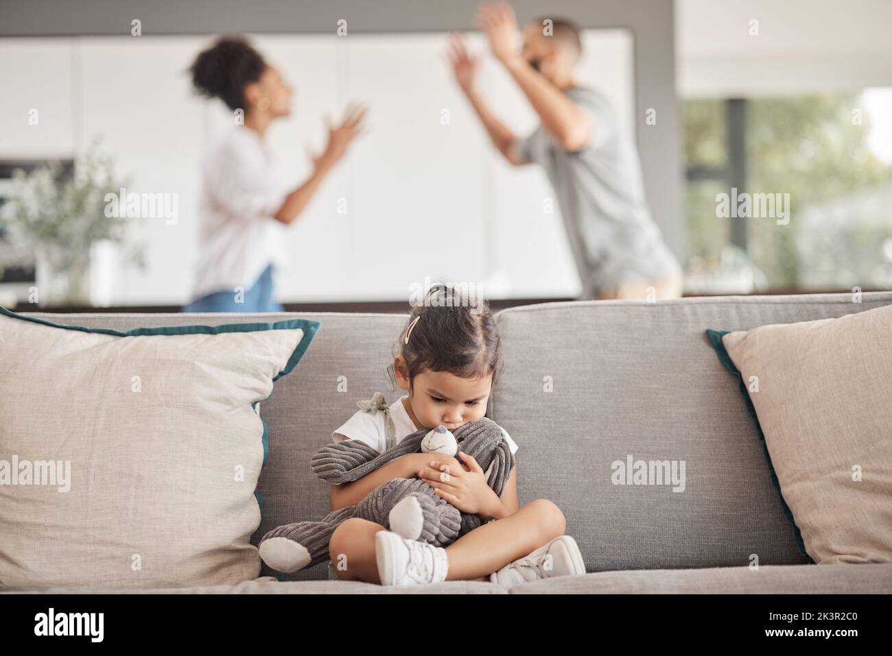 Depression, stress or child trauma for girl with teddy bear on living ...