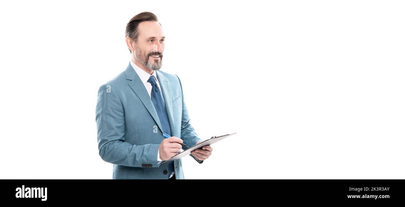 Man face portrait, banner with copy space. happy man making notes or ...
