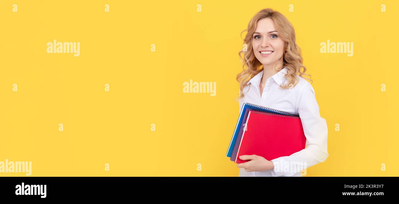 Woman isolated face portrait, banner with mock up copy space. girl white collar hold notepad ...