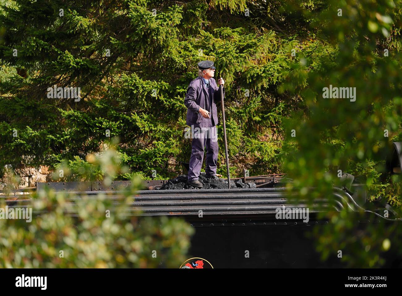 A railway worker on the top of a steam train Stock Photo - Alamy