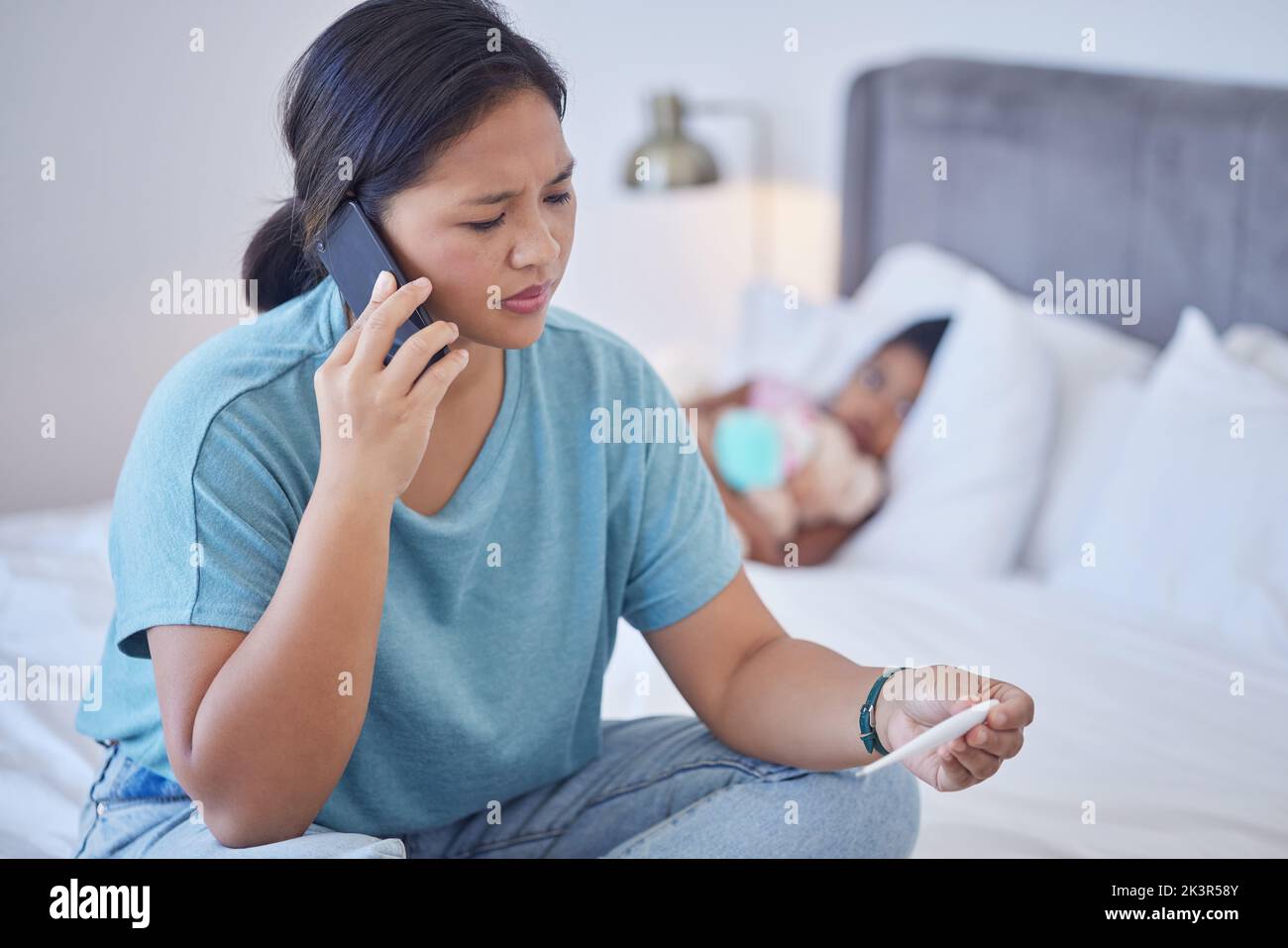 Covid, mother and call in bedroom with phone for communication with ...