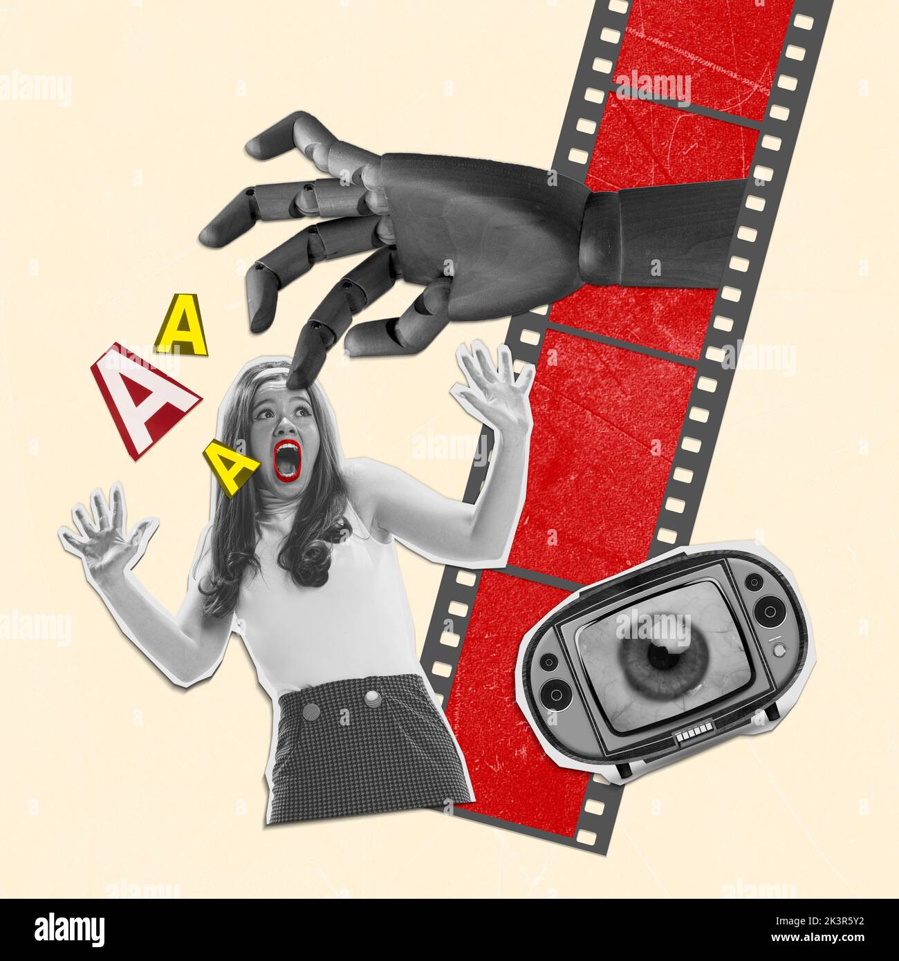 Contemporary art collage. Young woman screaming in fear while watching ...