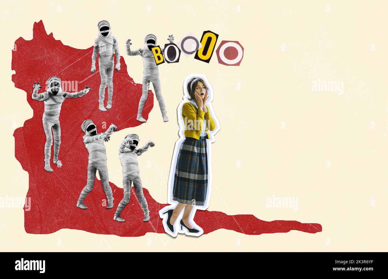 Contemporary art collage. Many creepy ghosts, mummies following young ...