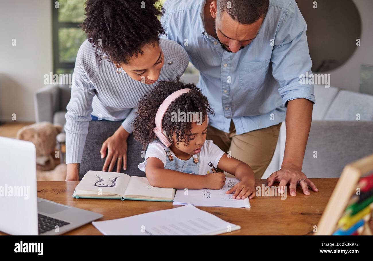 Learning, education and homework with a family writing, drawing and ...