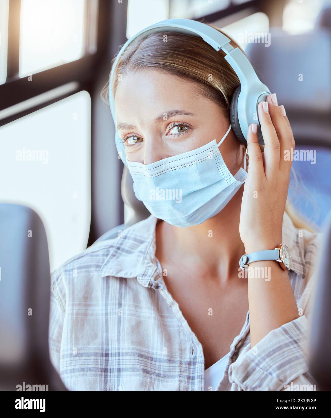 Bus travel, covid woman and headphones for music, podcast or radio in ...