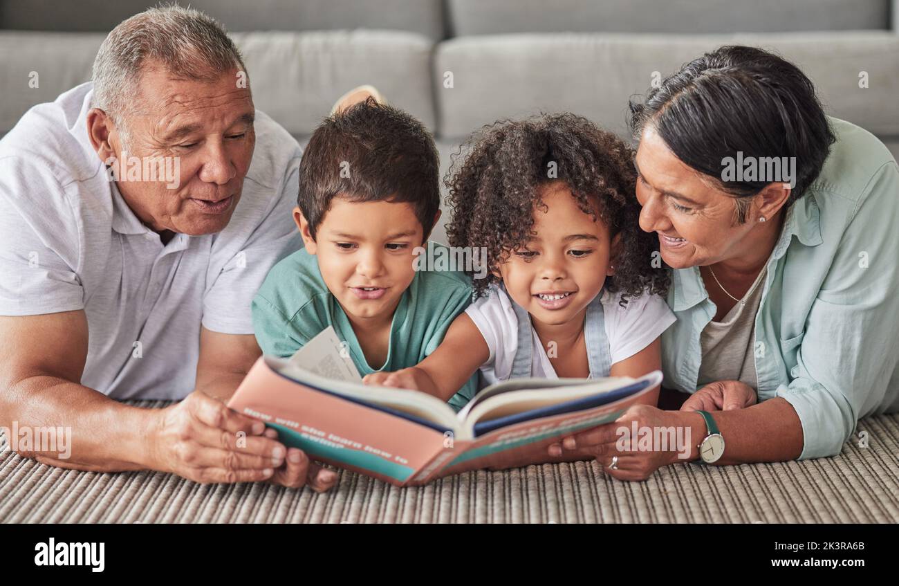 Family, book and children reading development growth at home with ...