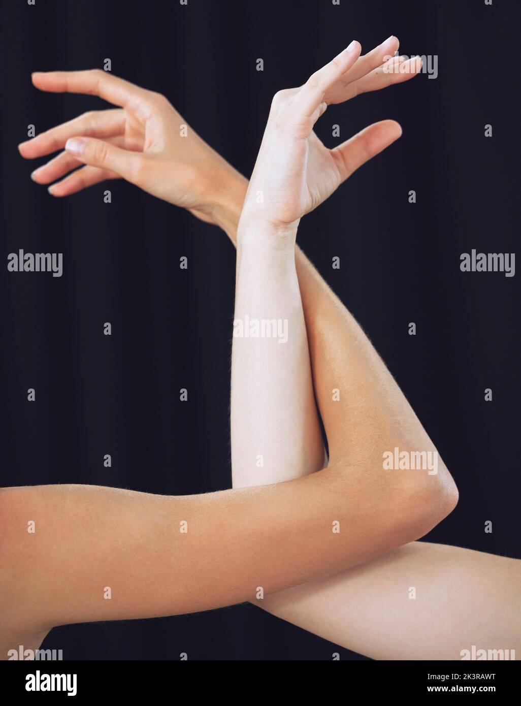 Women, hands and ballet dance arms on black studio background in art ...