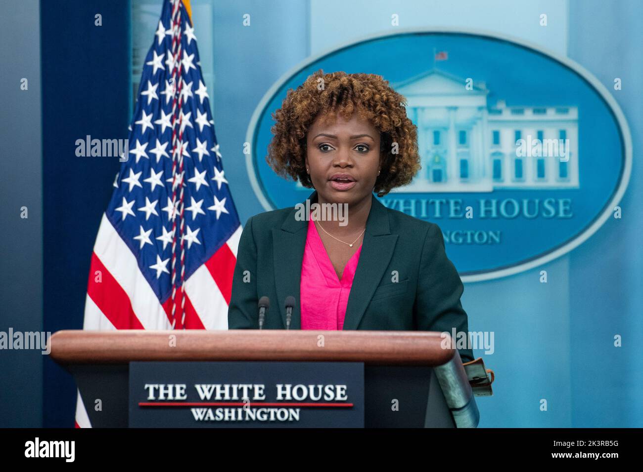 White House press secretary Karine Jean-Pierre offers remarks during a ...