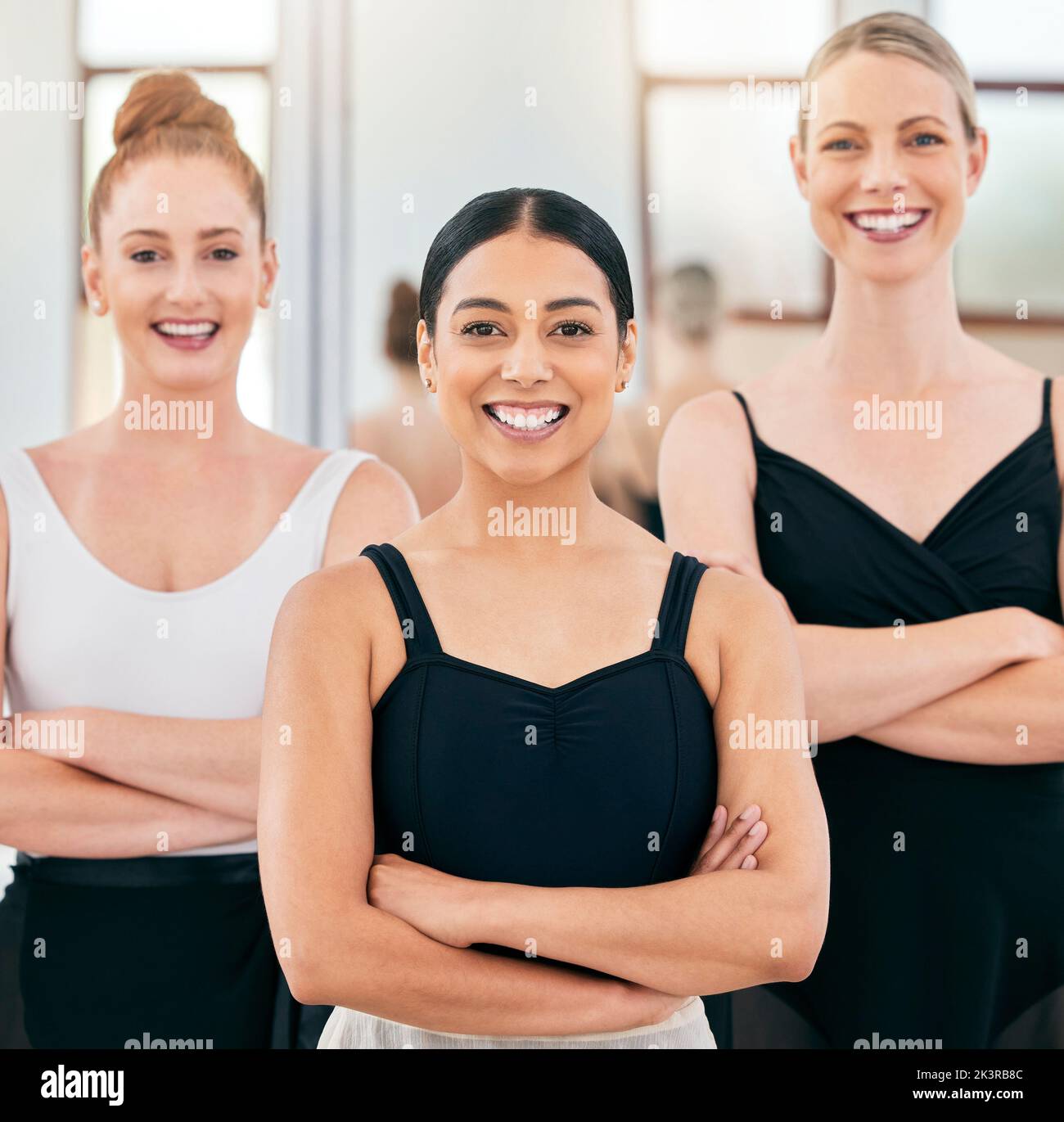 Happy, women and ballet team with smile, crossed arms and confidence ...