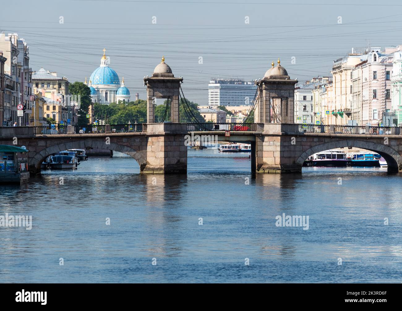 Lomonosov Bridge over Fontanka River, with the blue domes of the ...