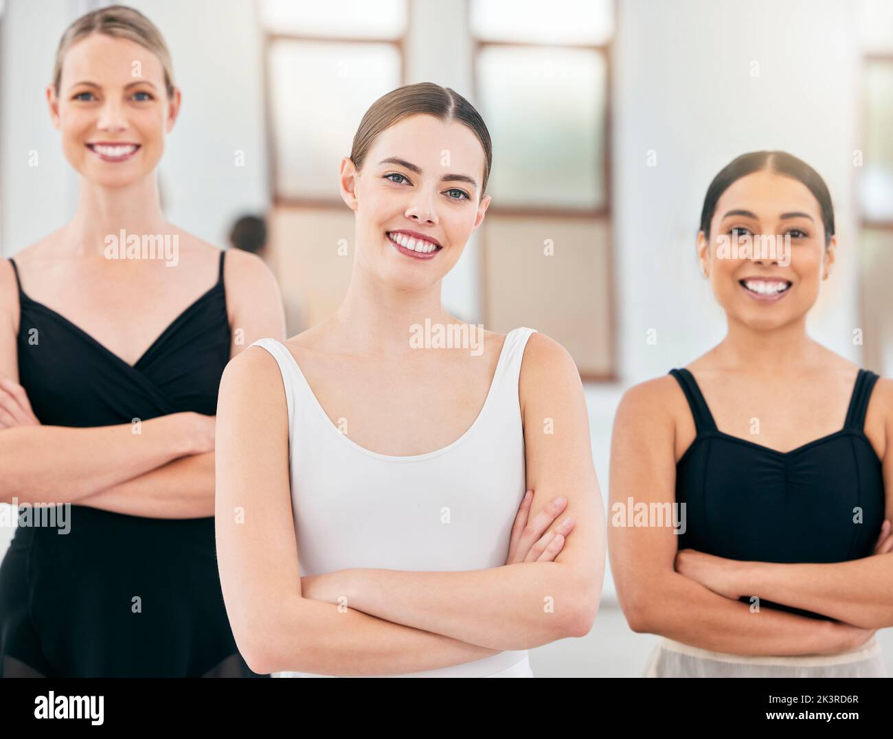 Portrait, happy and ballet teacher with students in a classical arts ...