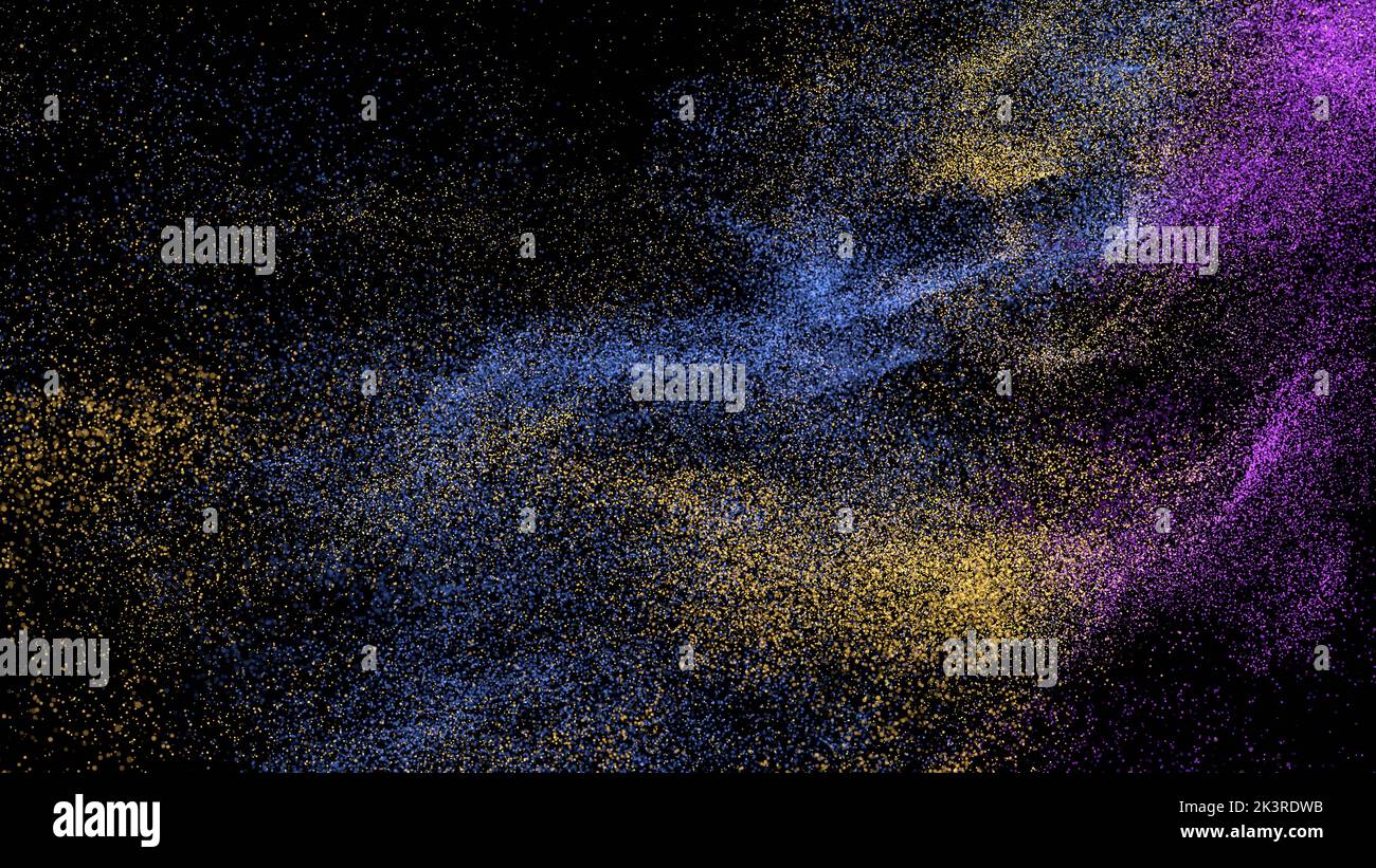 3D rendering of colorful dust and particles on black background; A form ...