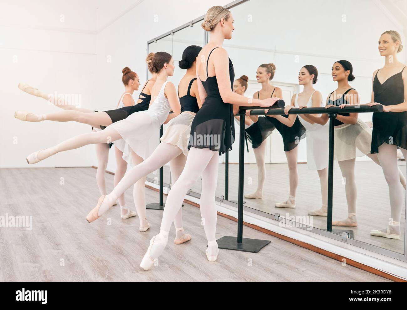 Ballet students and mirror balance in studio for posture reflection ...