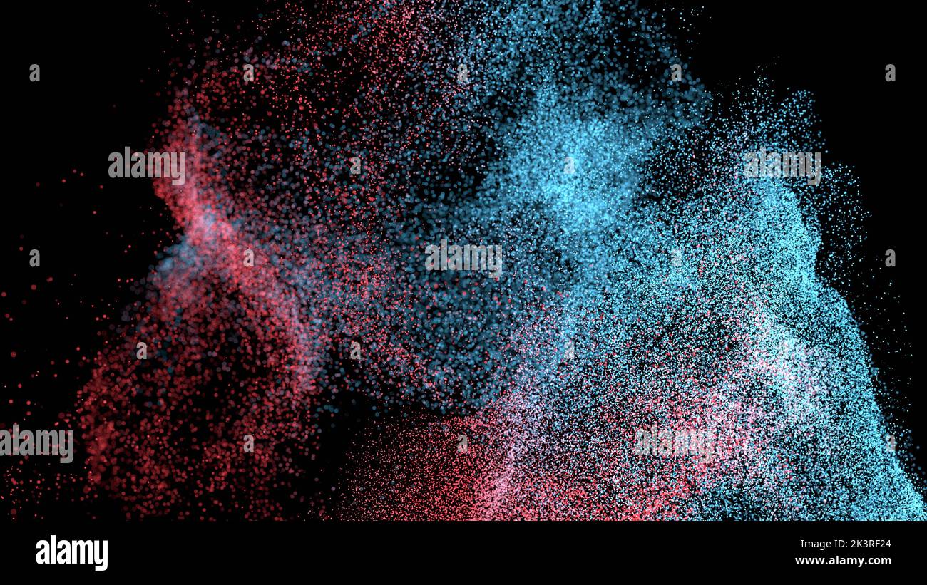 3D rendering of colorful dust and particles on black background; A form ...