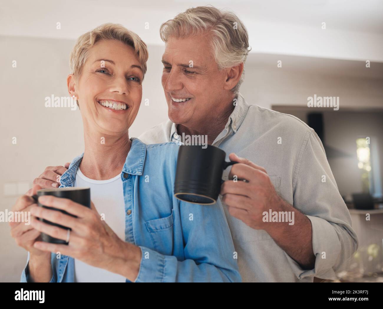 Coffee Love And Old Couple Smile In Home Drinking Beverage Caffeine