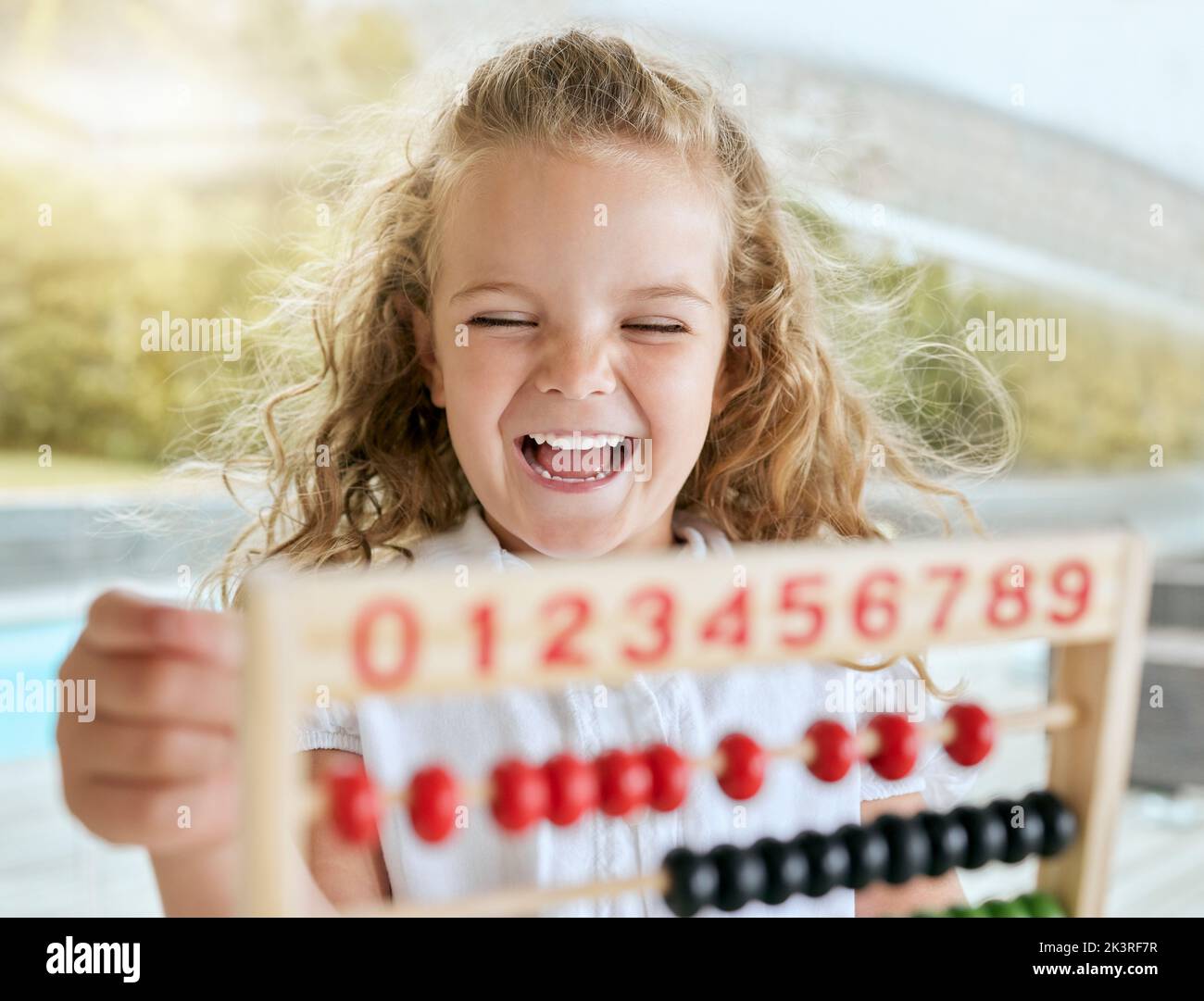 Learning math, abacus smile and girl studying with tool for help, easy ...