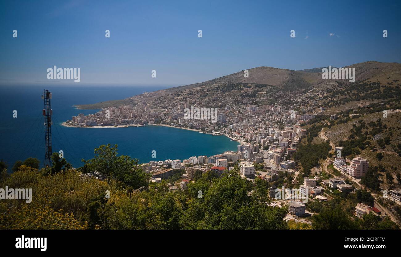 Aerial Panoramic view to Saranda city and bay of Ionian sea from ...