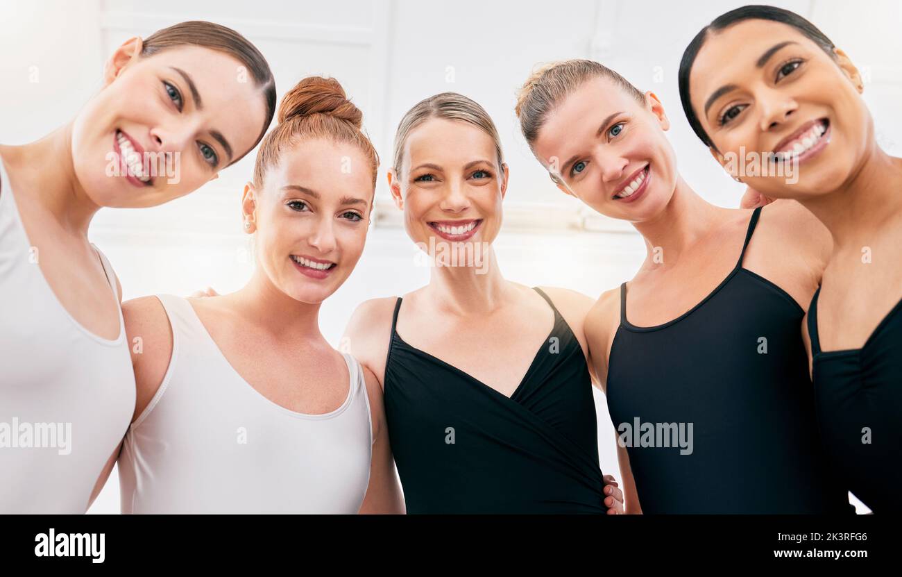 Ballet portrait, happy group and women training for dance competition ...