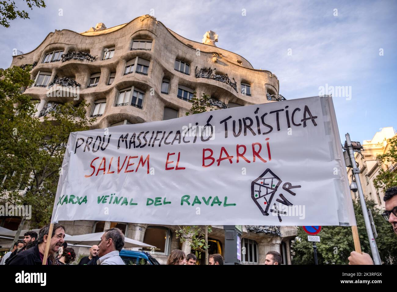 Barcelona, Spain. 27th Sep, 2022. A banner against tourist overcrowding ...