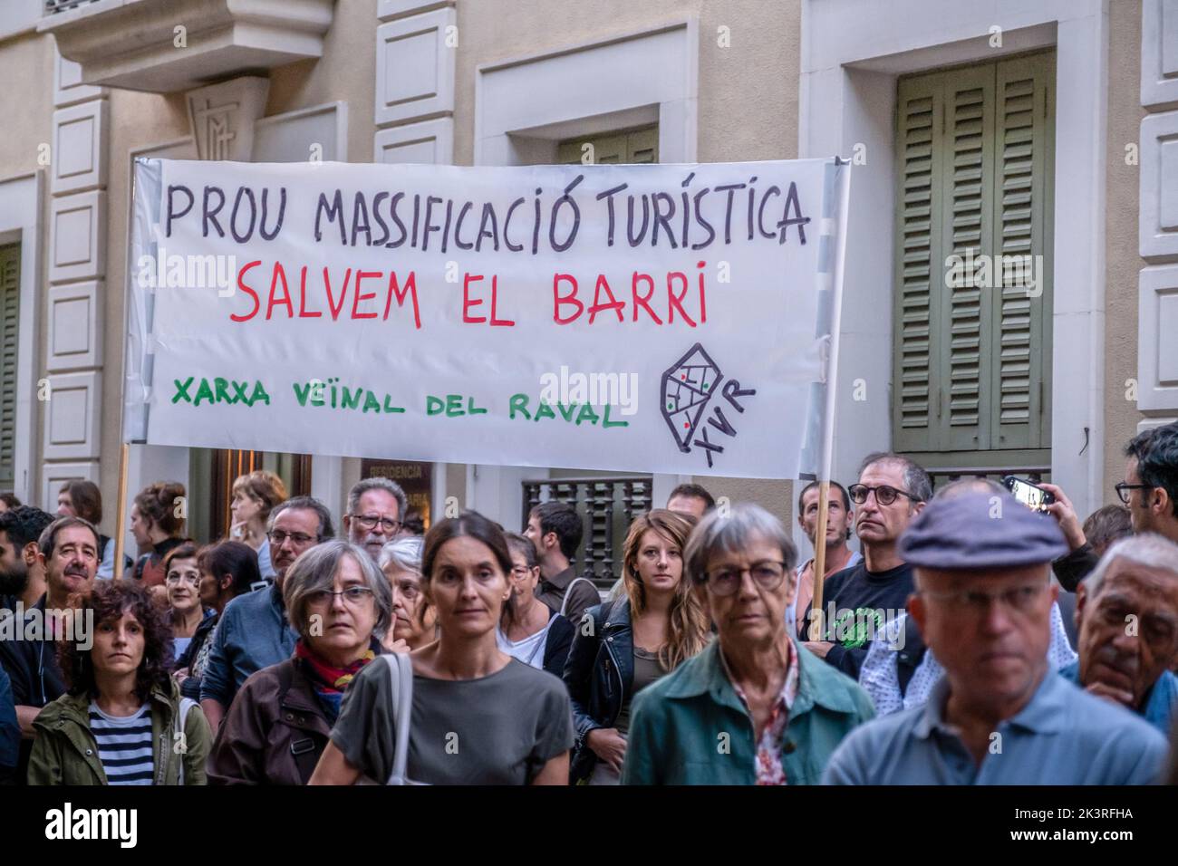 Barcelona, Spain. 27th Sep, 2022. A banner against tourist overcrowding ...