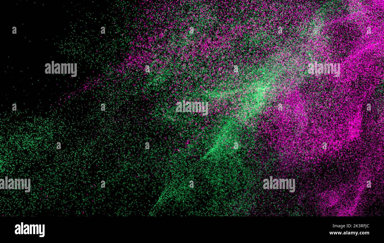 3D rendering of colorful dust and particles on black background; A form ...