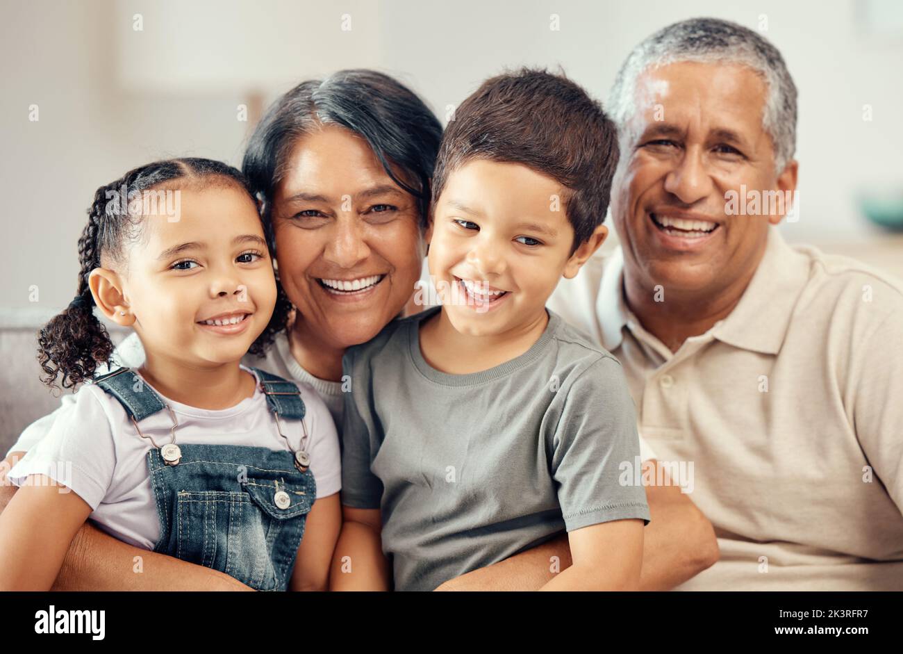 Grandparents portrait, love hug and children with smile for relax on ...