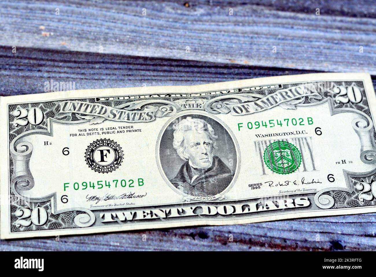 Obverse side of 20 twenty dollars bill banknote money series 1995 with ...