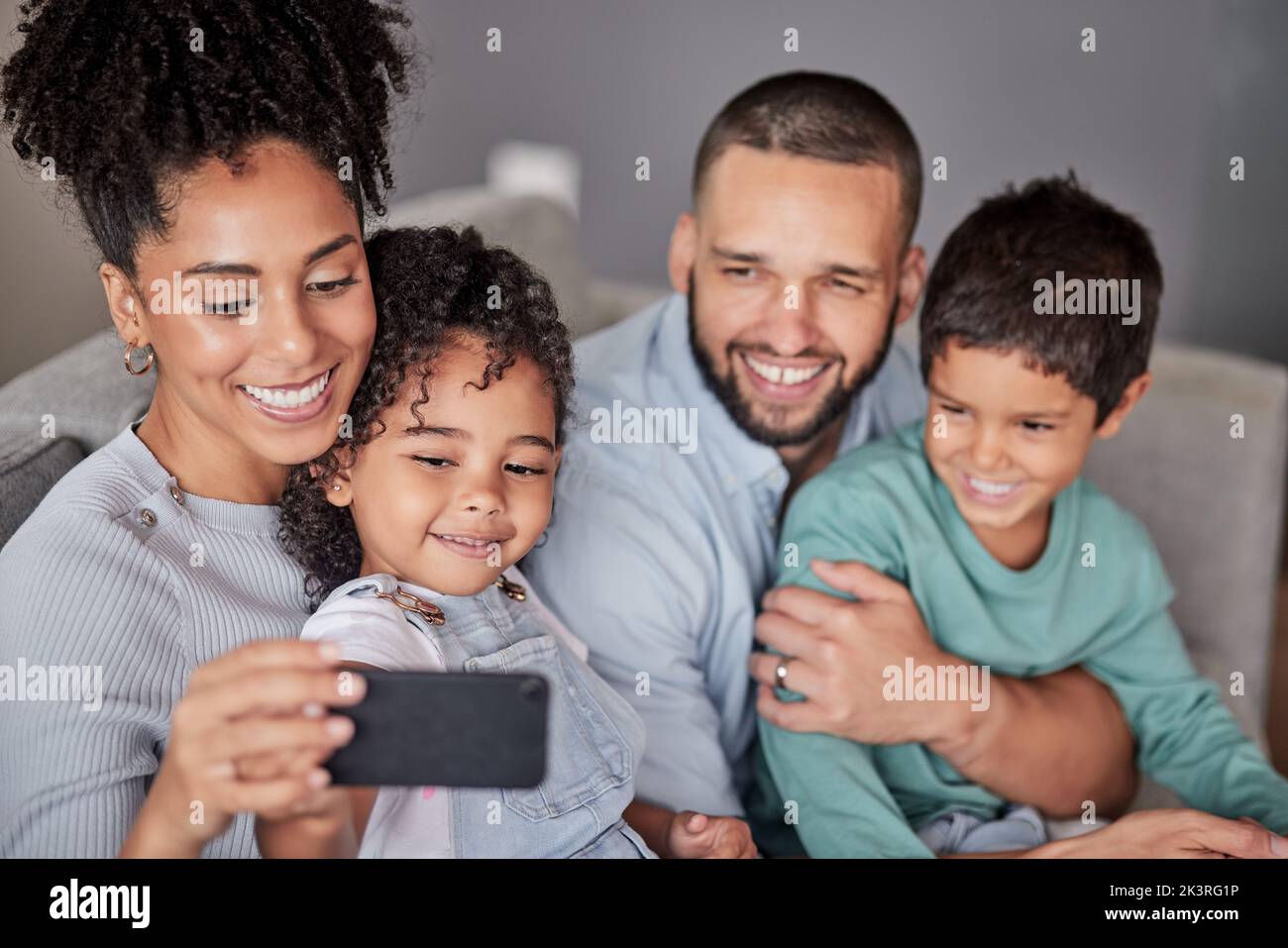 Family selfie, live streaming phone and smile on the internet with ...
