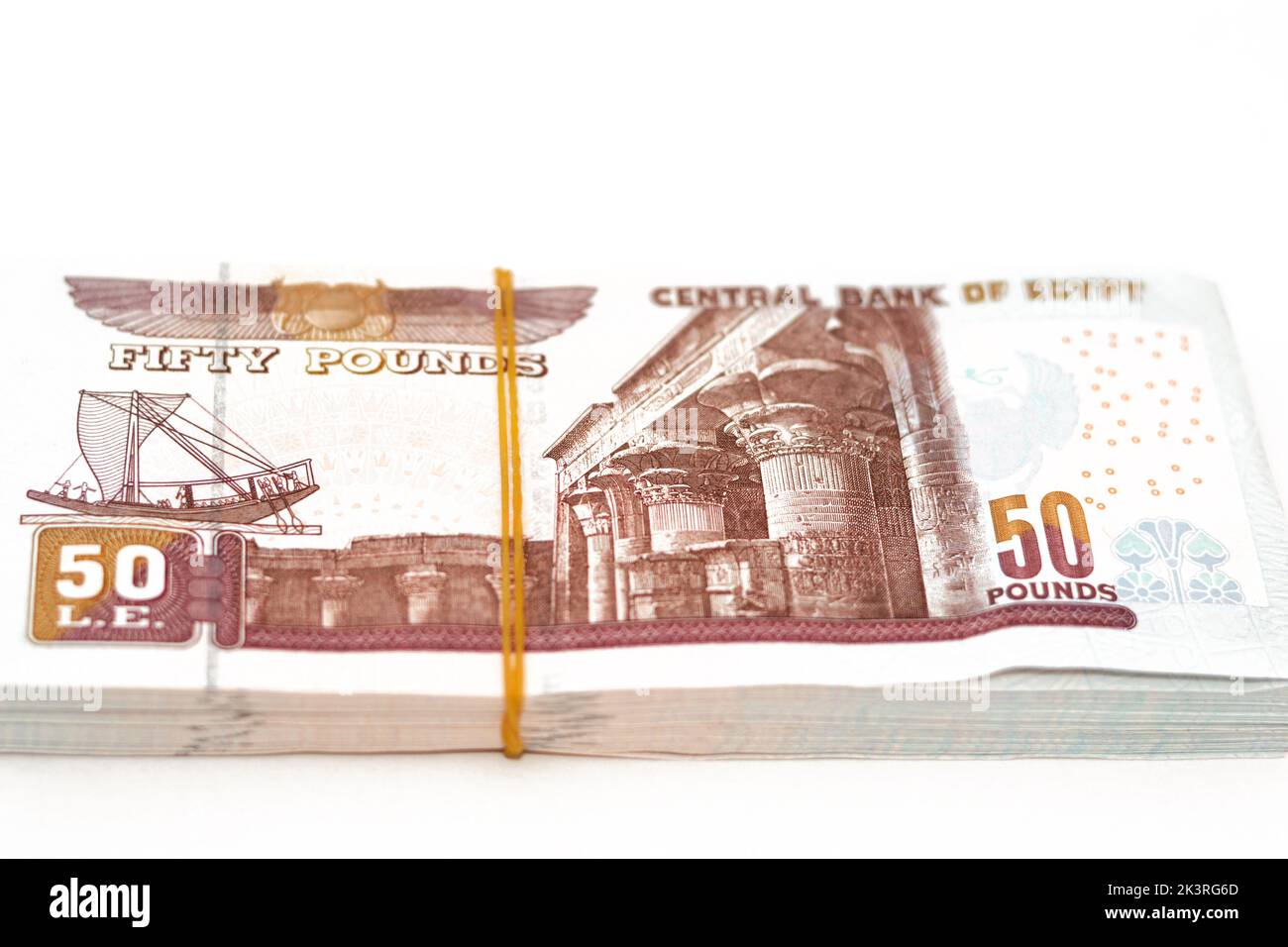A pile of Egyptian money banknotes of 50 LE fifty pounds series 2022 ...