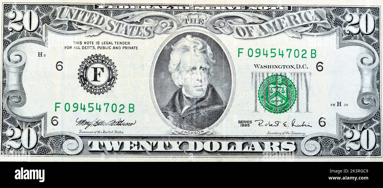 Large fragment of the Obverse side of 20 twenty dollars bill banknote ...