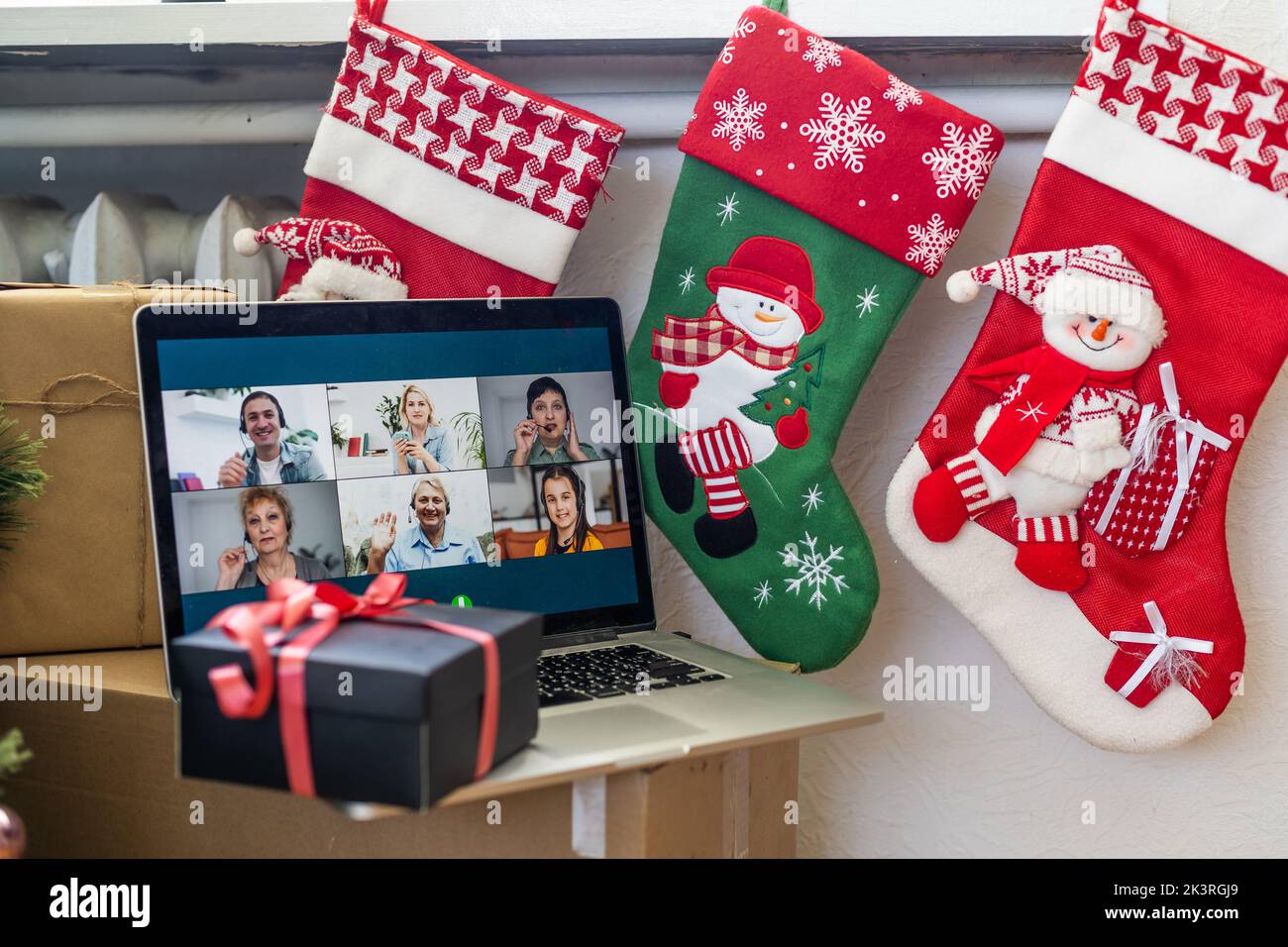 Virtual Christmas day house party. video conferencing, video call via ...