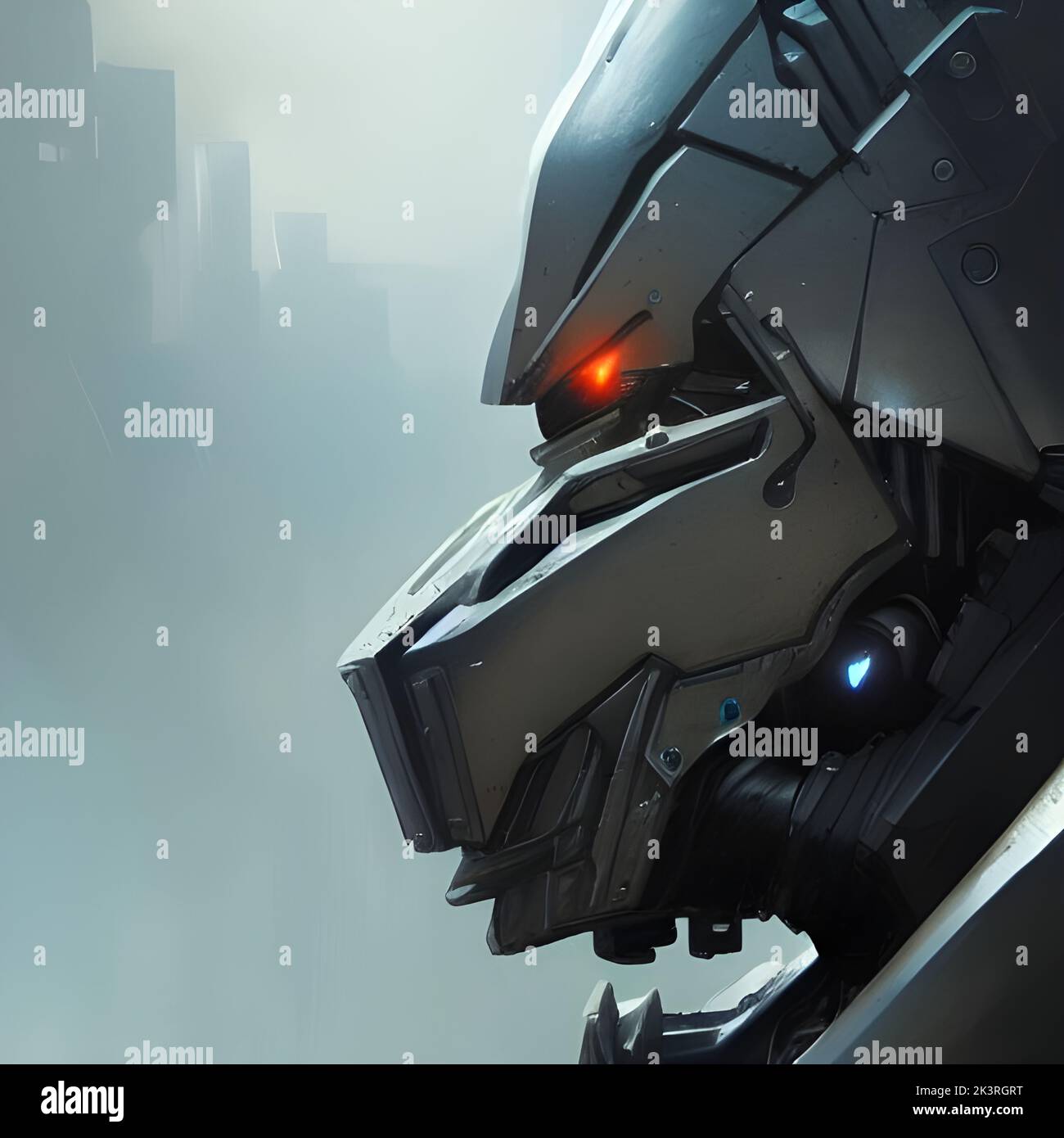 A heavily armored cyborg robot with a menacing look, closeup on the ...