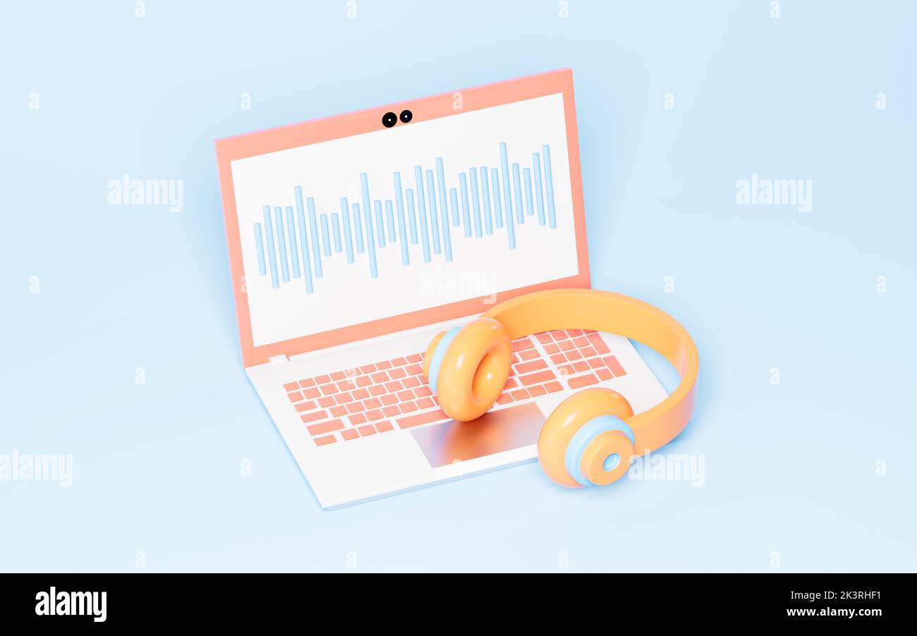 Cartoon style laptop and headsets on the blue background, 3d rendering ...