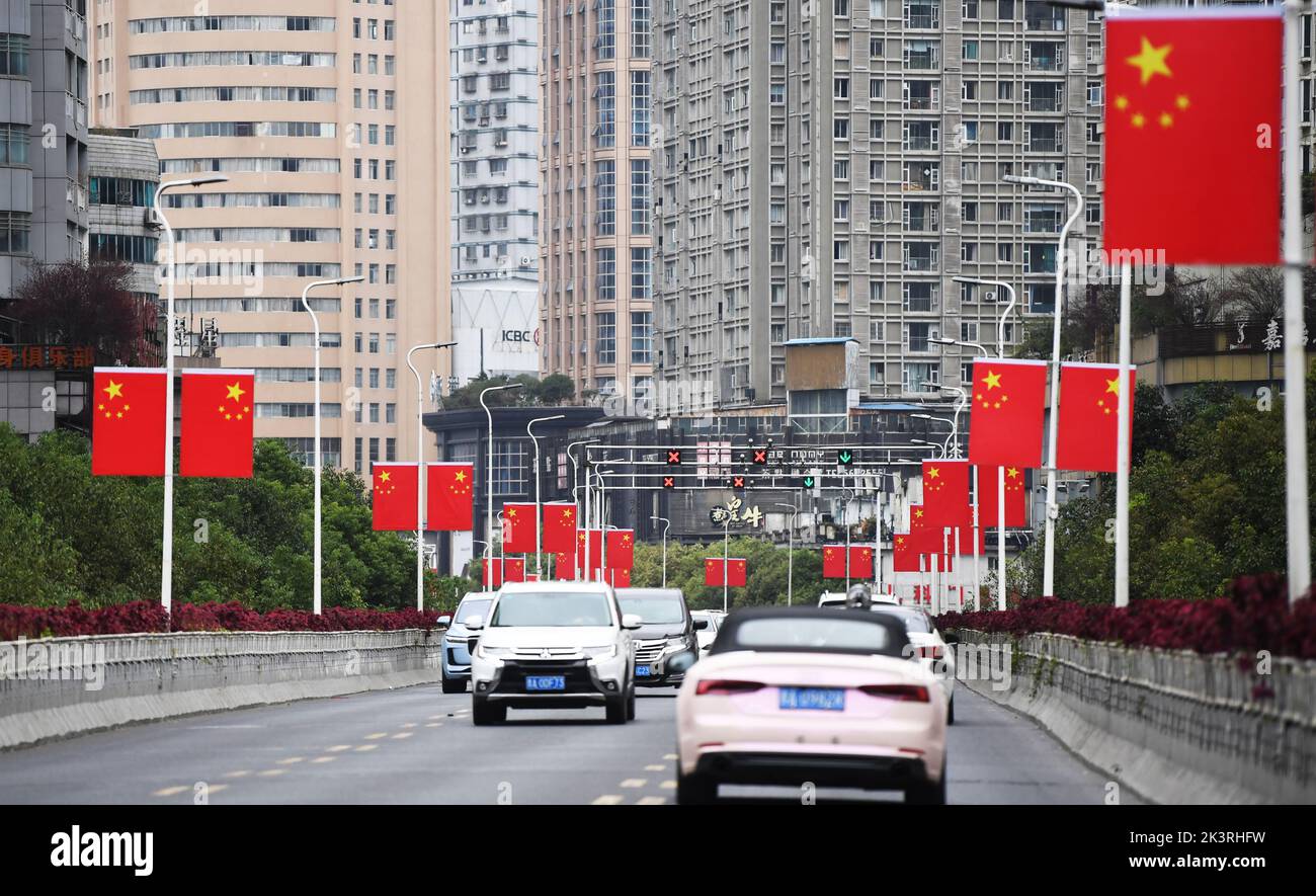 GUIYANG, CHINA - SEPTEMBER 28, 2022 - Five-star red flags are hung on a ...