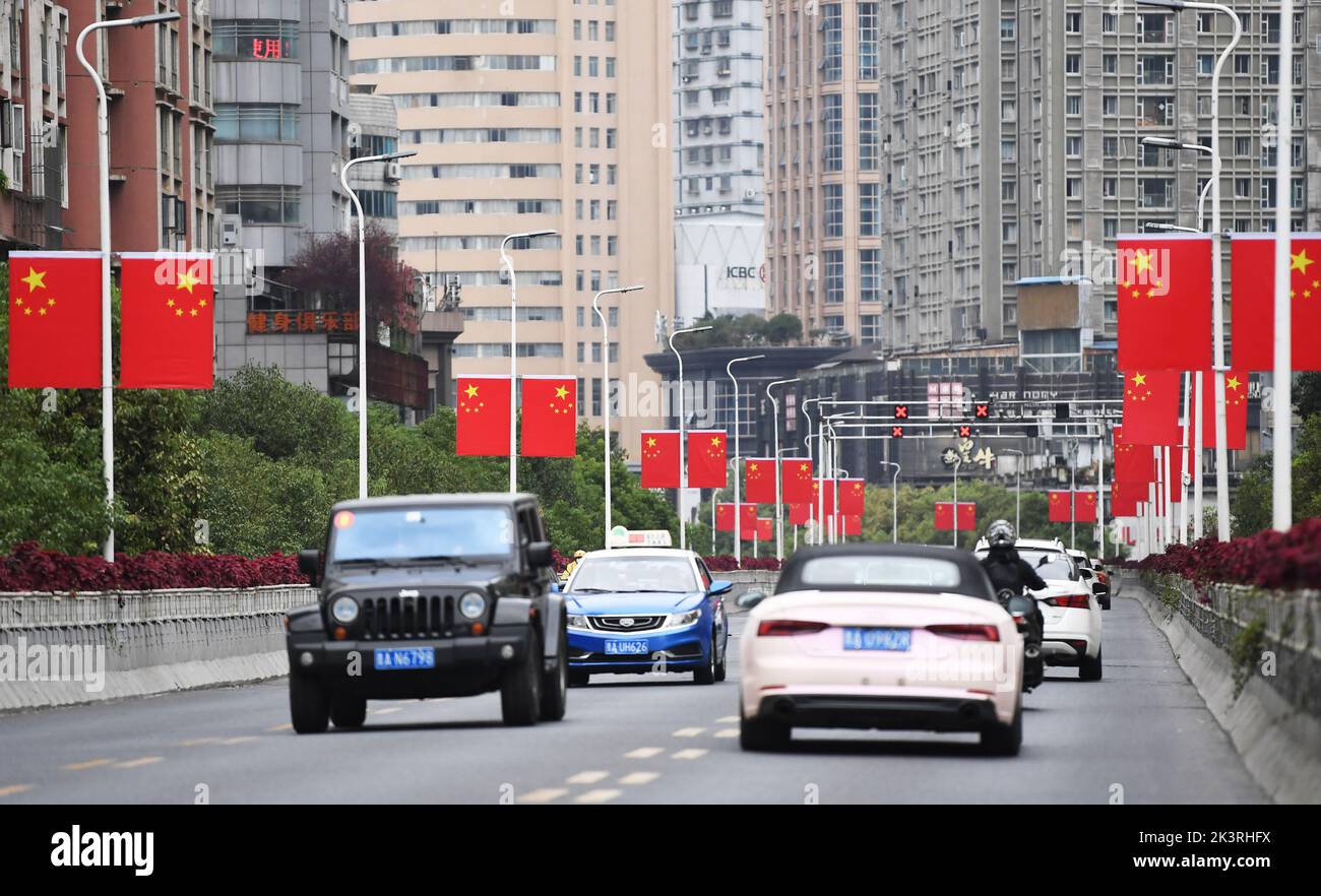 GUIYANG, CHINA - SEPTEMBER 28, 2022 - Five-star red flags are hung on a ...