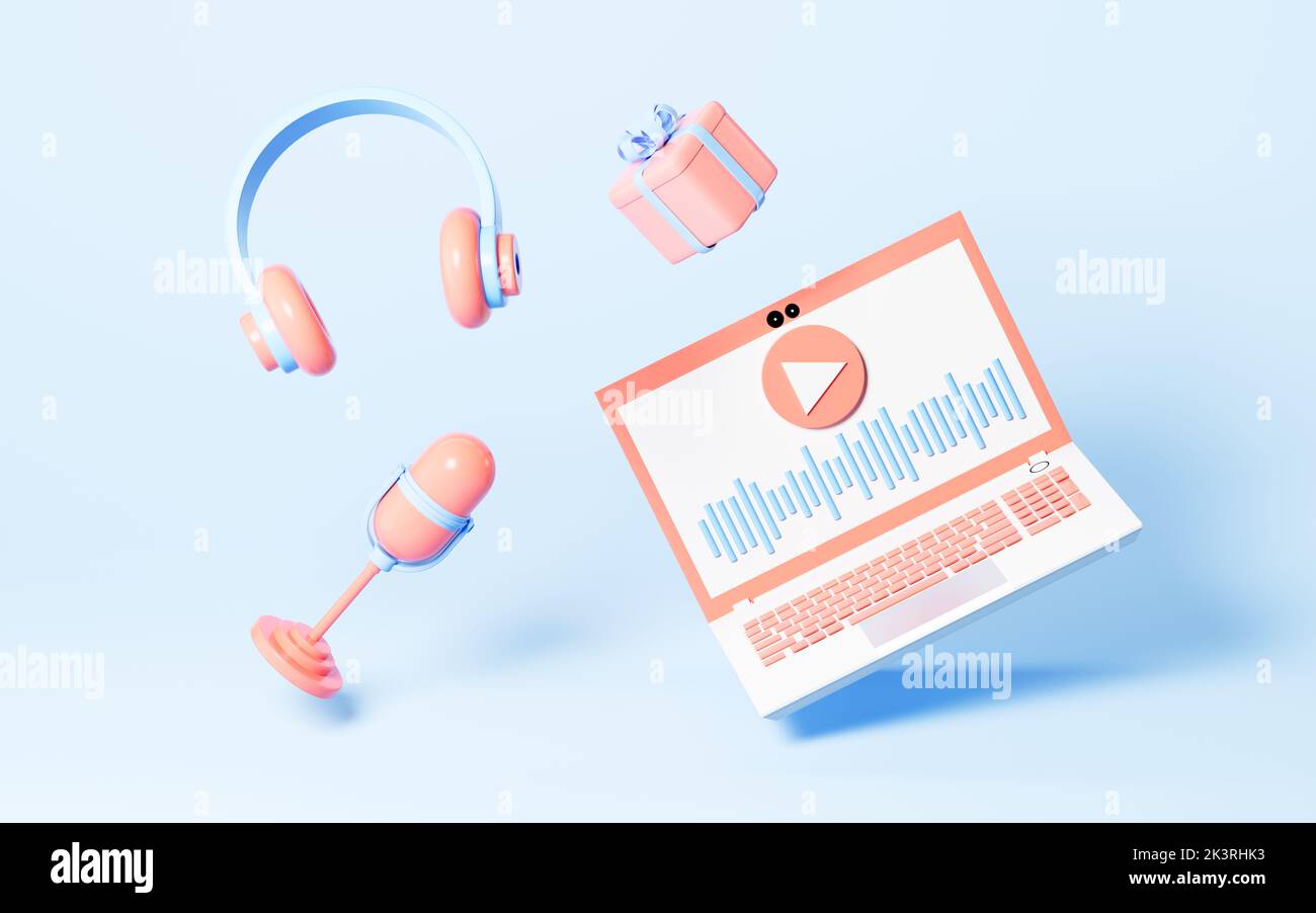 Live streaming with laptop and headsets on the blue background, 3d ...