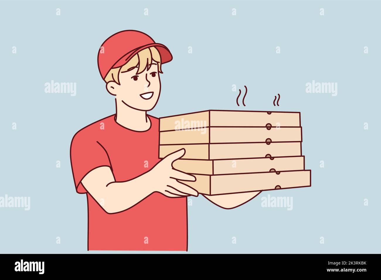 Smiling male courier in uniform deliver hot pizza to client. Happy ...